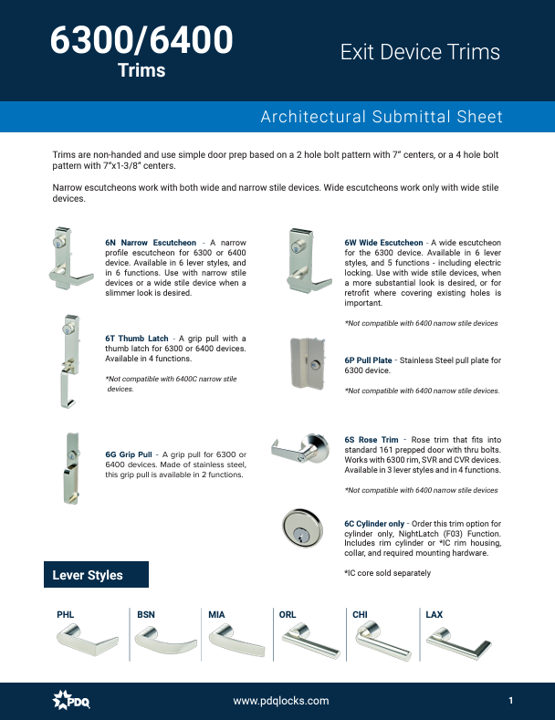 6W Wide Escutcheon Exit Device Trim | PDQ Locks